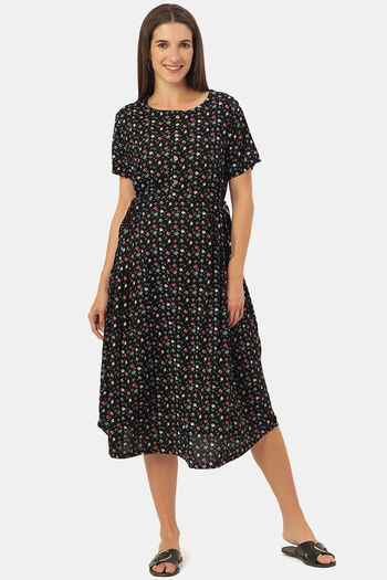 Buy Nejo NA Rayon Maternity Loungewear Dress - Black Base Flower at Rs ...