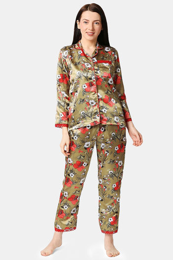 Buy Pyjama Party Satin Pyjama Set - Olive at Rs.1800 online | Nightwear ...