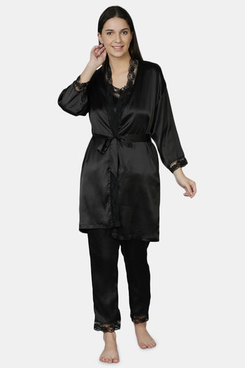Buy Dusk Attire Satin Nightwear Robe - Black at Rs.3990 online ...