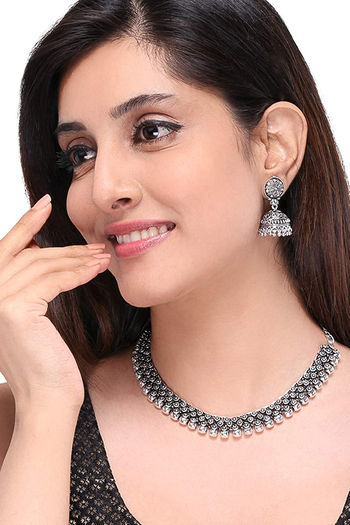 Yellow Chimes Traditional Oxidised Silver Plated Kolhapuri Work Choker Necklace Set