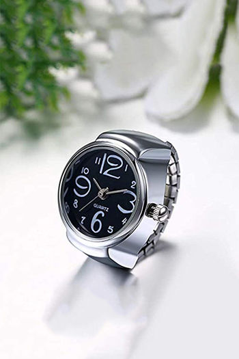Buy Stainless Steel Black Dial Analog Stretchable Watch Ring at Rs.1499 ...