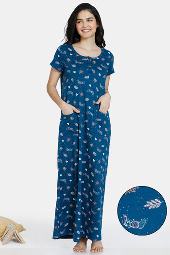 Buy Zivame Autumn Leaves Knit Cotton Full Length Nightdress - Sailor ...